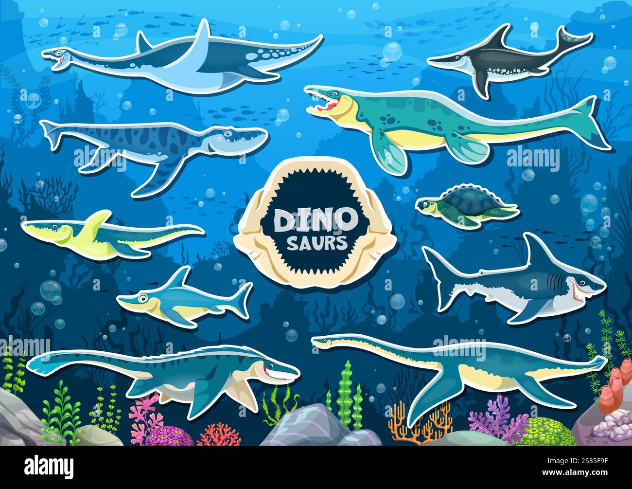 Prehistoric underwater dinosaurs stickers pack. Cartoon vector set of ...