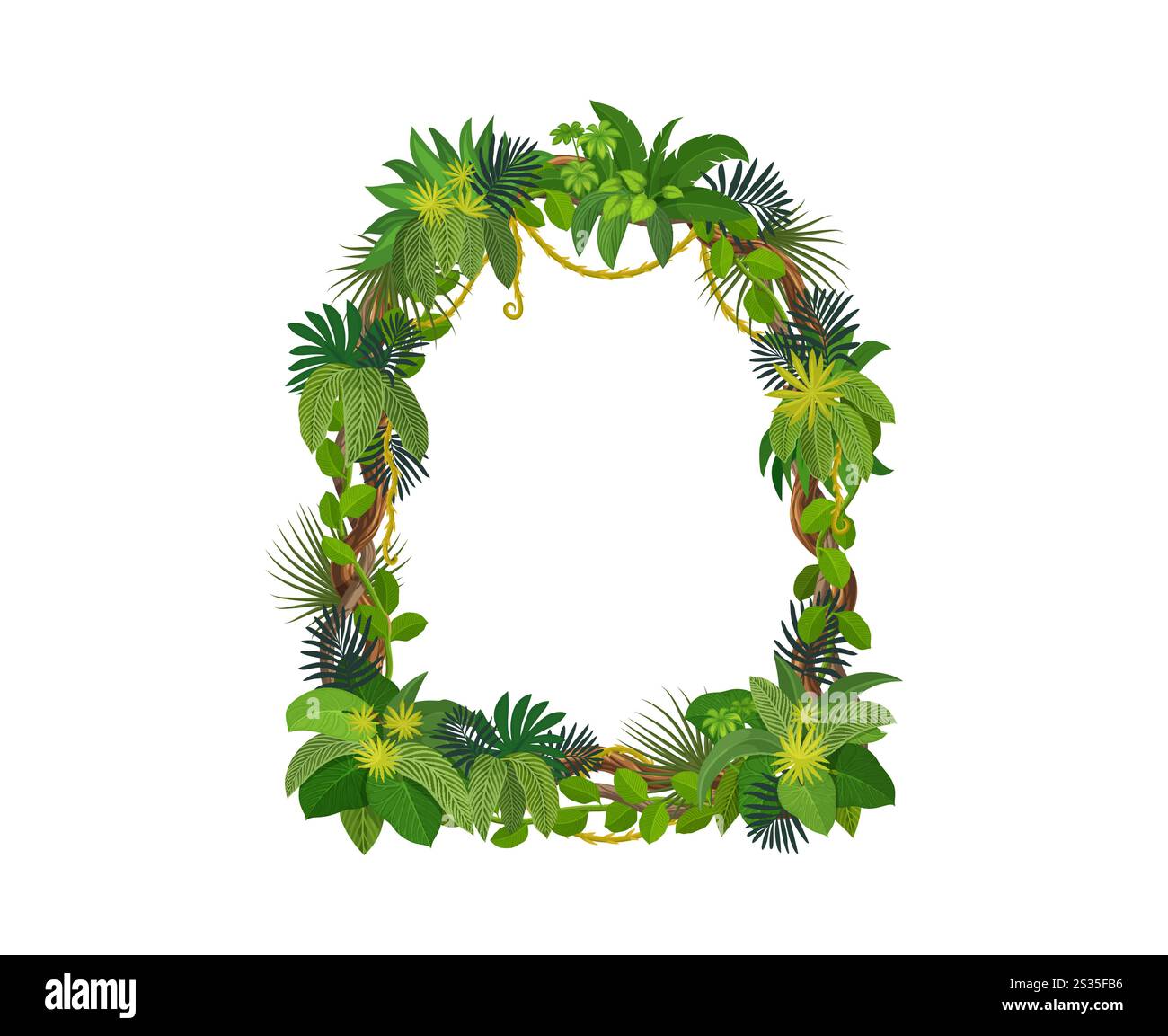 Tropical jungle frame with forest liana branch and leaves. Cartoon ...