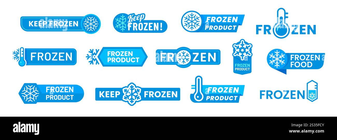 Frozen product icons, blue ice crystal labels or badges. Isolated ...