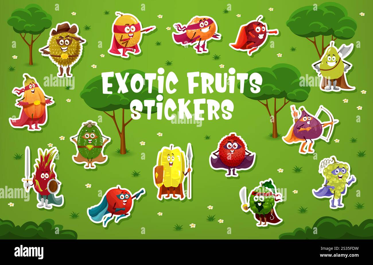 Stickers pack of superhero fruit characters. Hero durian, melon, papaya ...