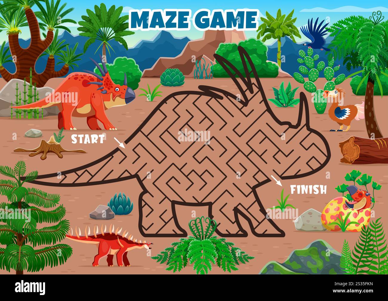 Kids labyrinth maze quiz game with cartoon prehistoric dinosaur ...