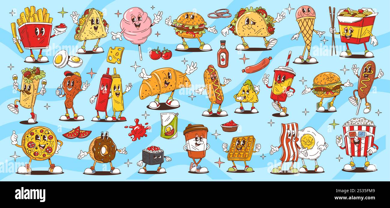 Cartoon retro groovy fast food characters, funny sandwiches and snacks ...