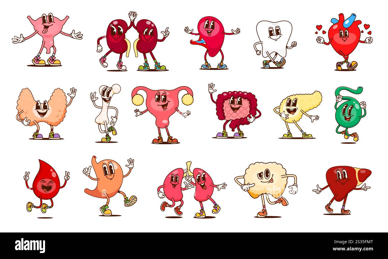 Groovy human body organ characters, vector anatomy, education. Cartoon ...