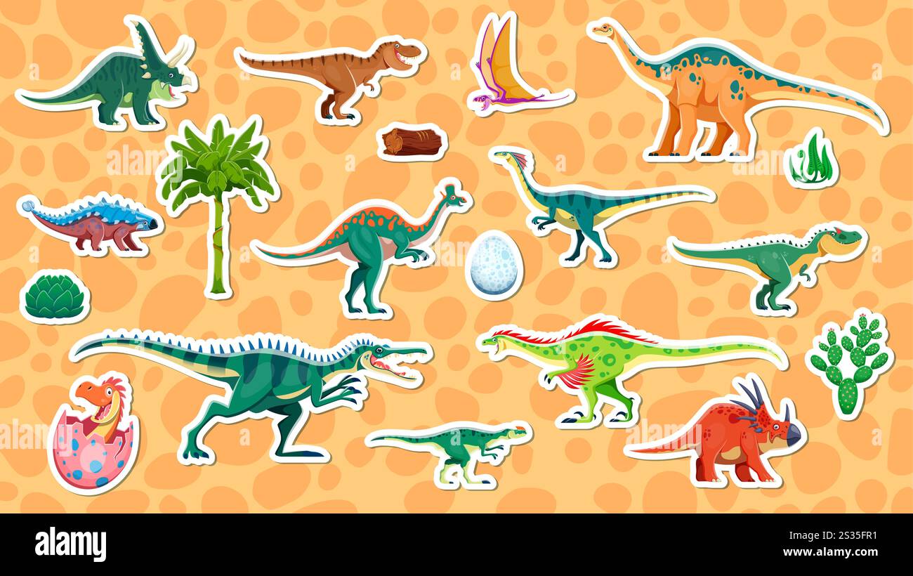 Prehistoric dinosaur stickers of Jurassic lizards and dino characters ...