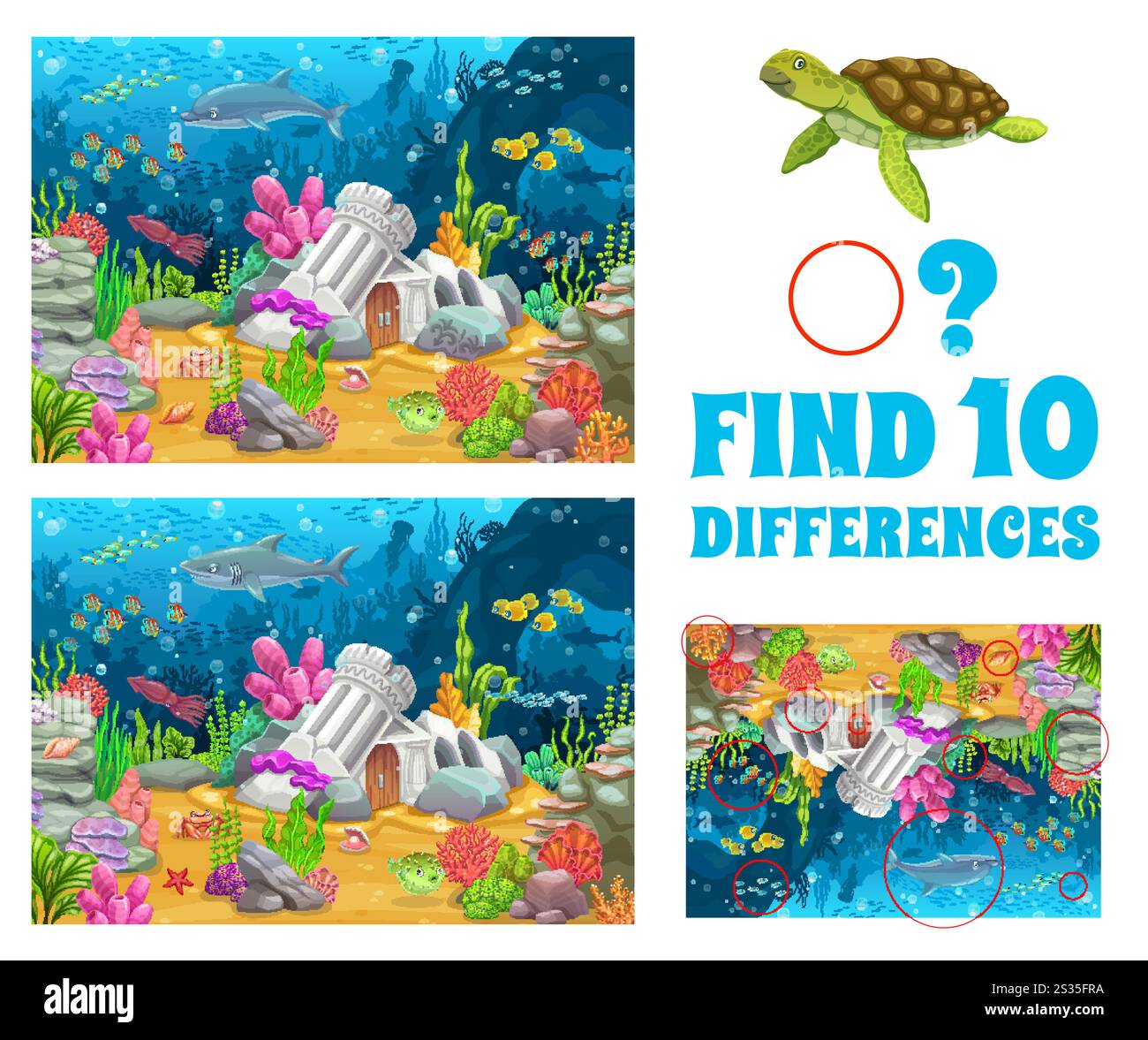 Sea underwater landscape with abandoned ruined ancient town, kids game ...