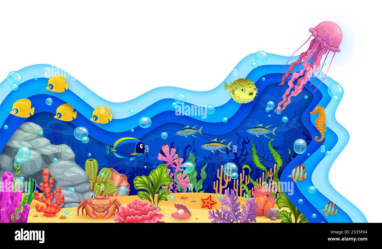 Paper cut sea underwater landscape with jellyfish, fish shoal and ...
