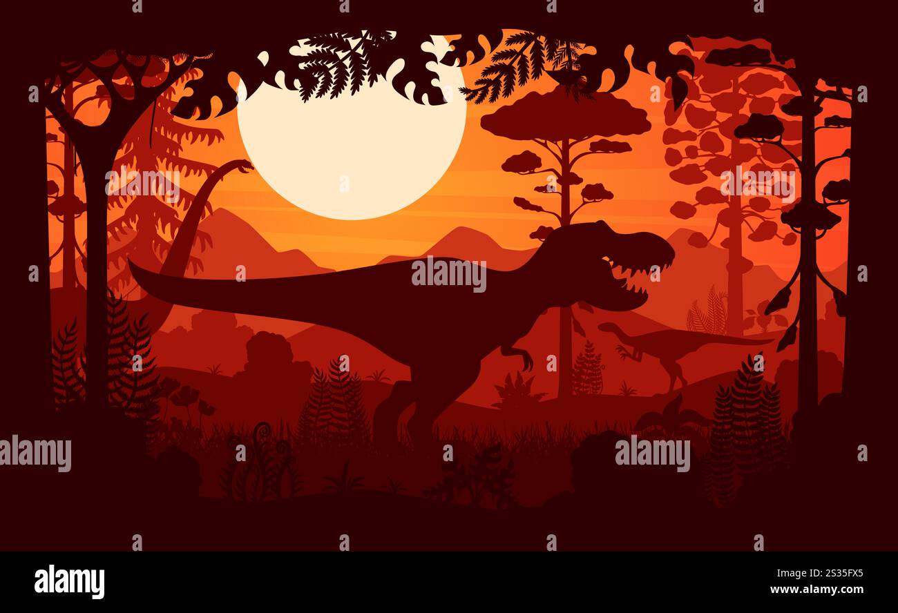Prehistoric dinosaurs silhouettes in tropical jungle at sunset vector ...