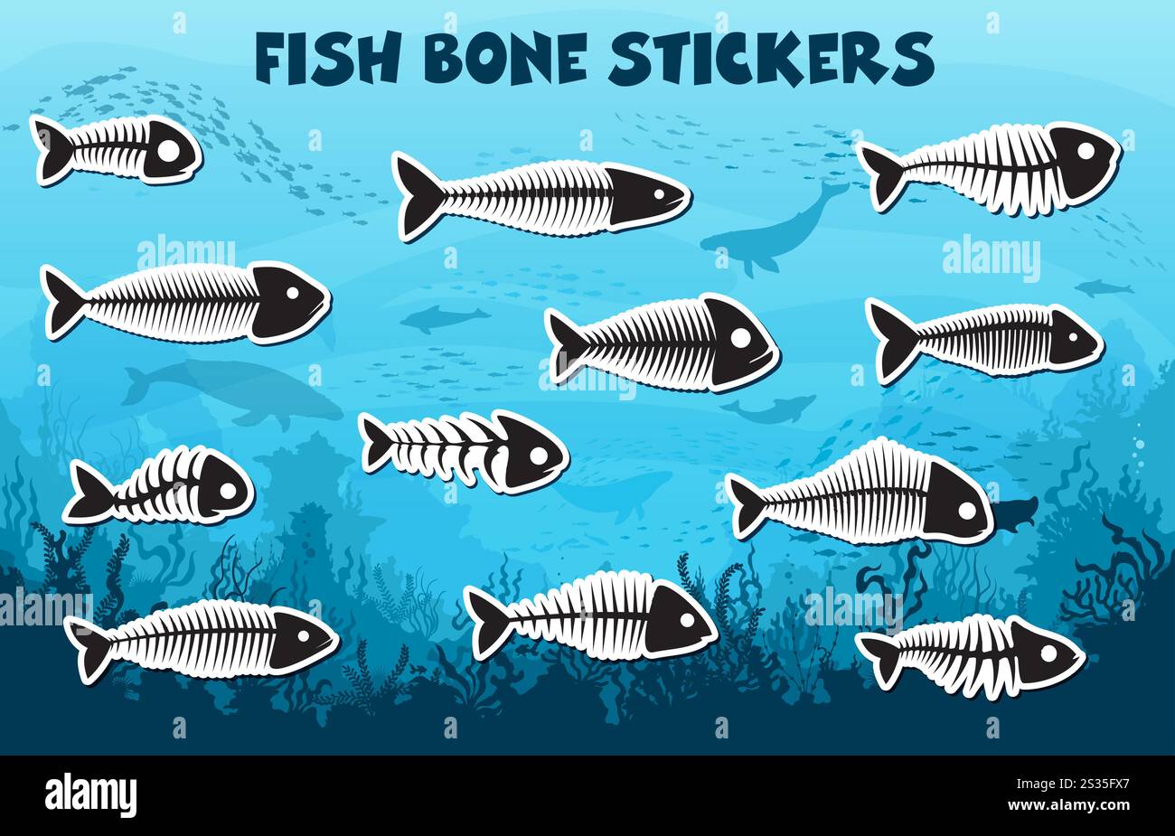 Stickers pack of fish bone skeleton silhouettes and sea underwater ...