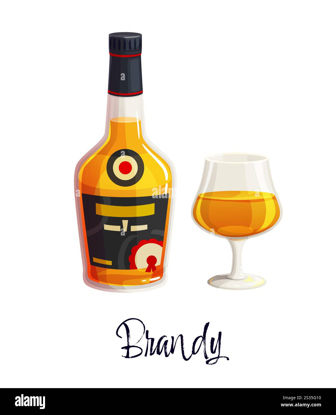 Brandy alcohol bottle and snifter glass. Isolated vector bar menu drink ...