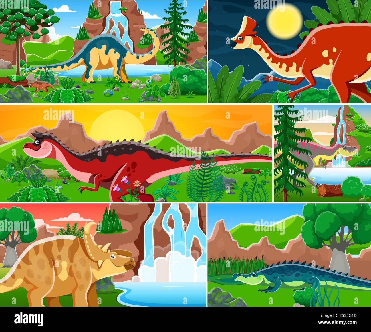 Cartoon dinosaur and reptile animals characters collage in prehistoric ...