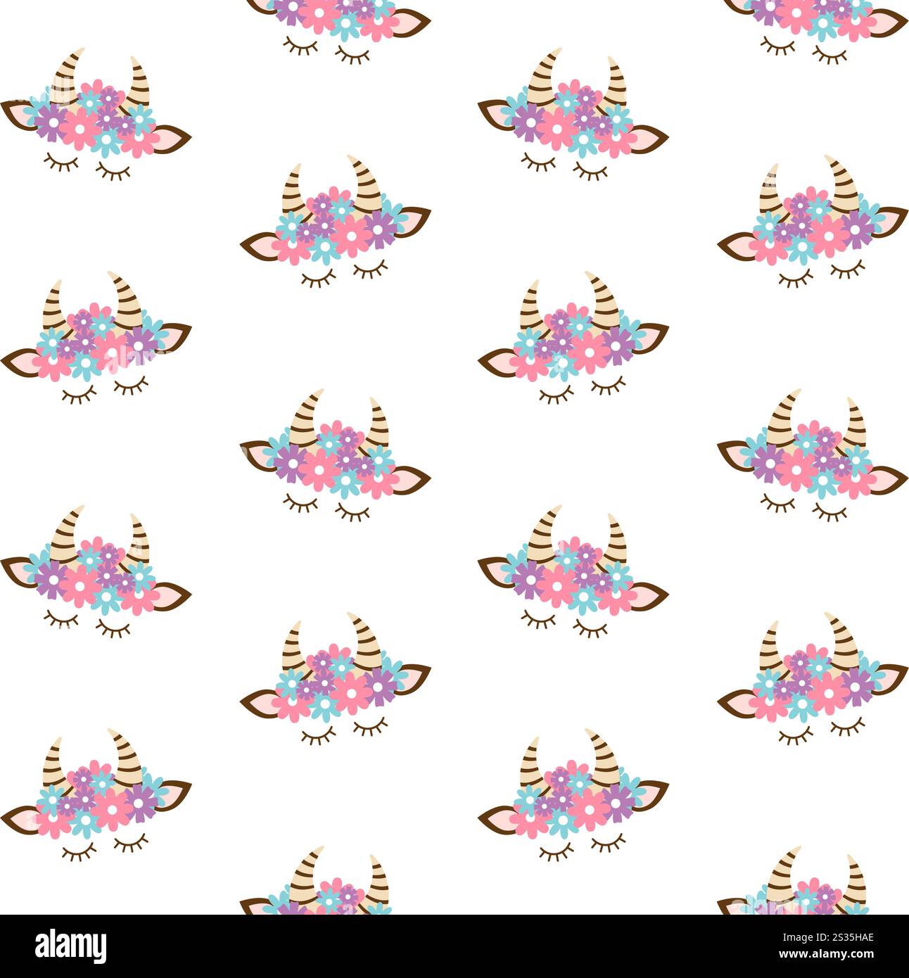 Vector seamless pattern of flat cartoon colored cow face head isolated ...