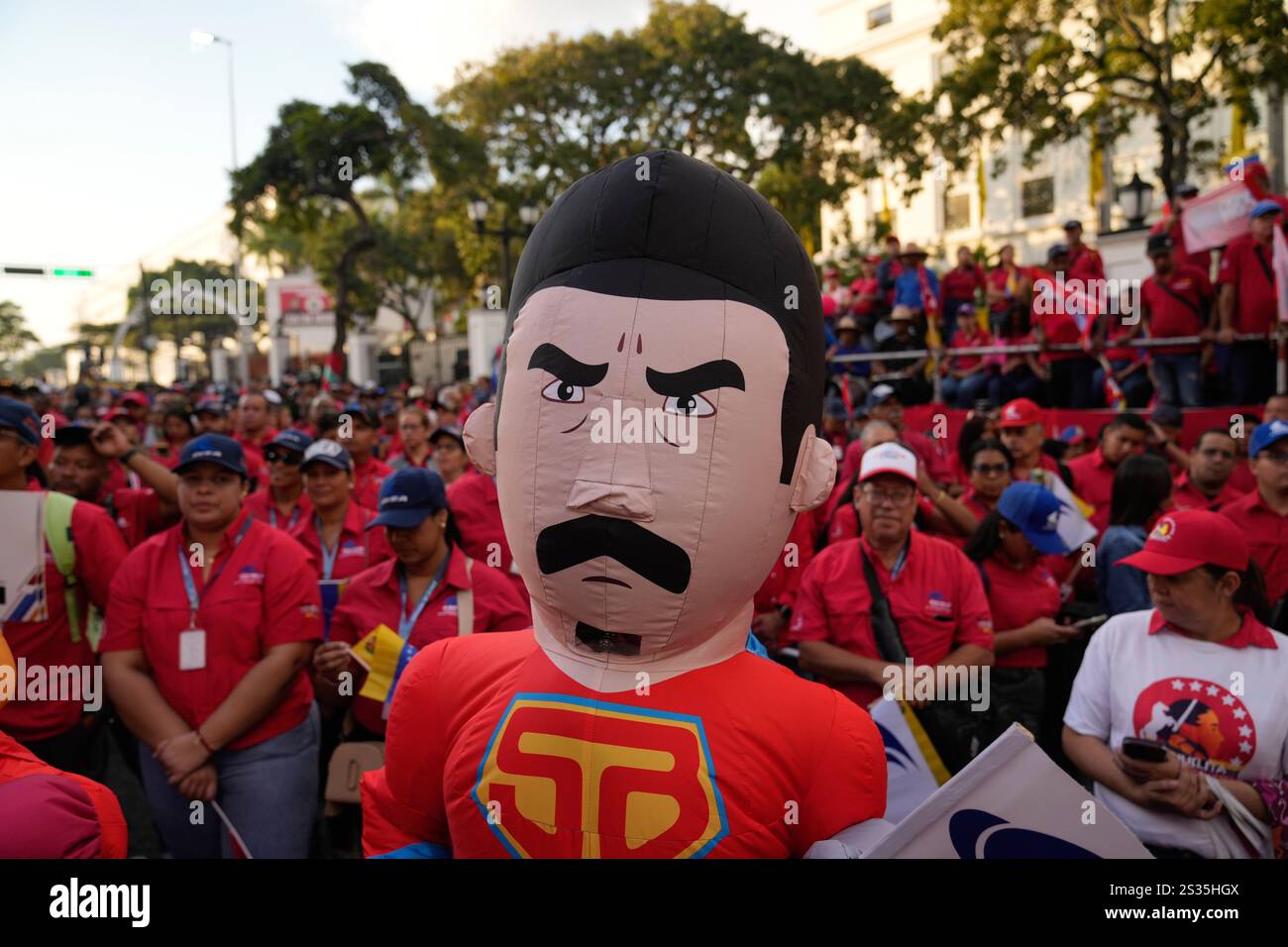 A pro-government supporter dressed as Super Mustache, a character ...
