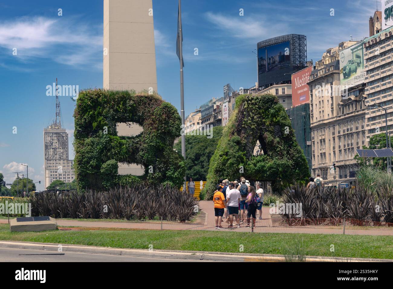 Buenos Aires, Argentina. January 01, 2025. Vertical garden, BA characters at Republic Square ...
