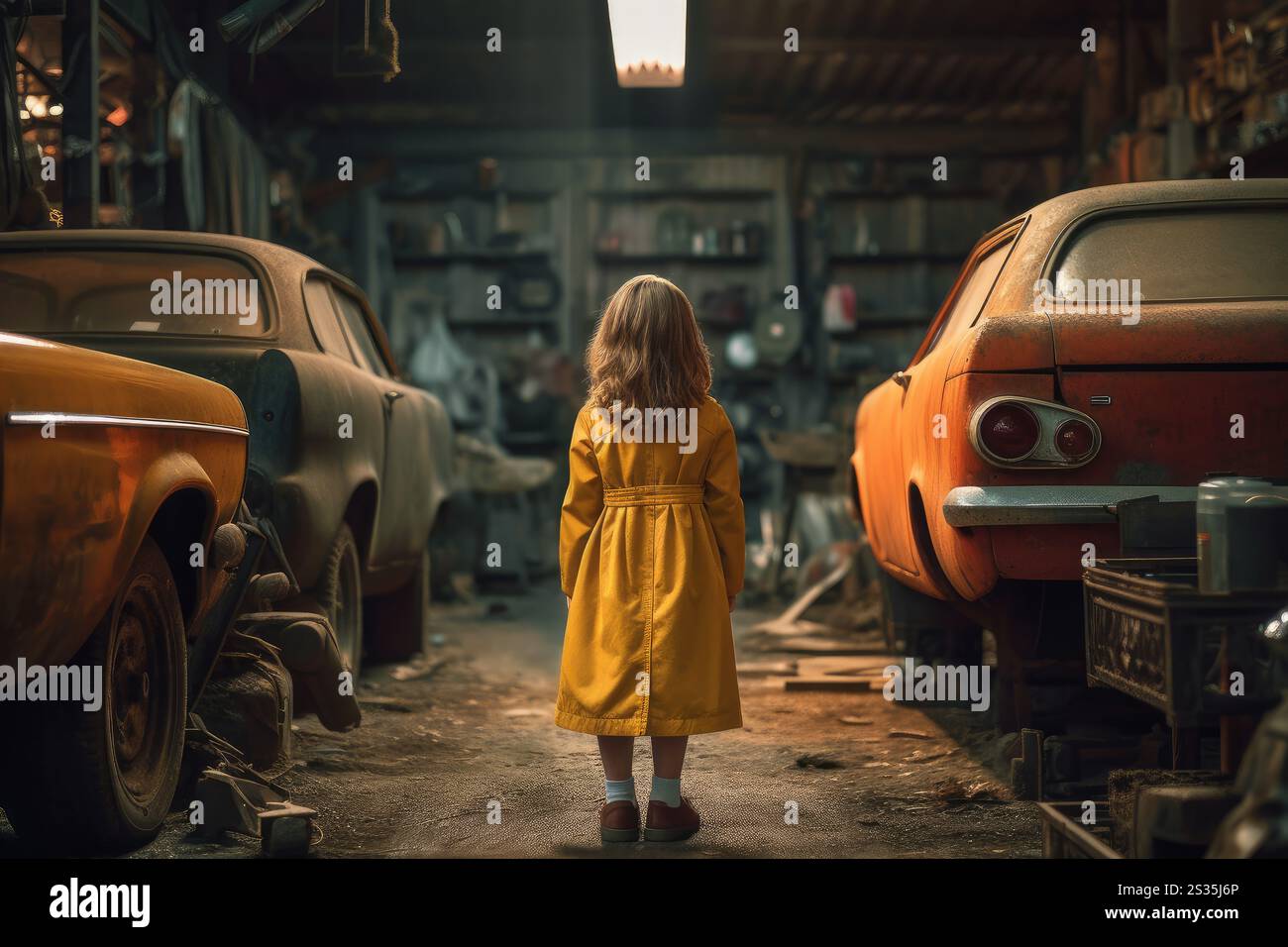 Car mechanic child girl garage. Engine motor. Generate Ai Stock Photo ...