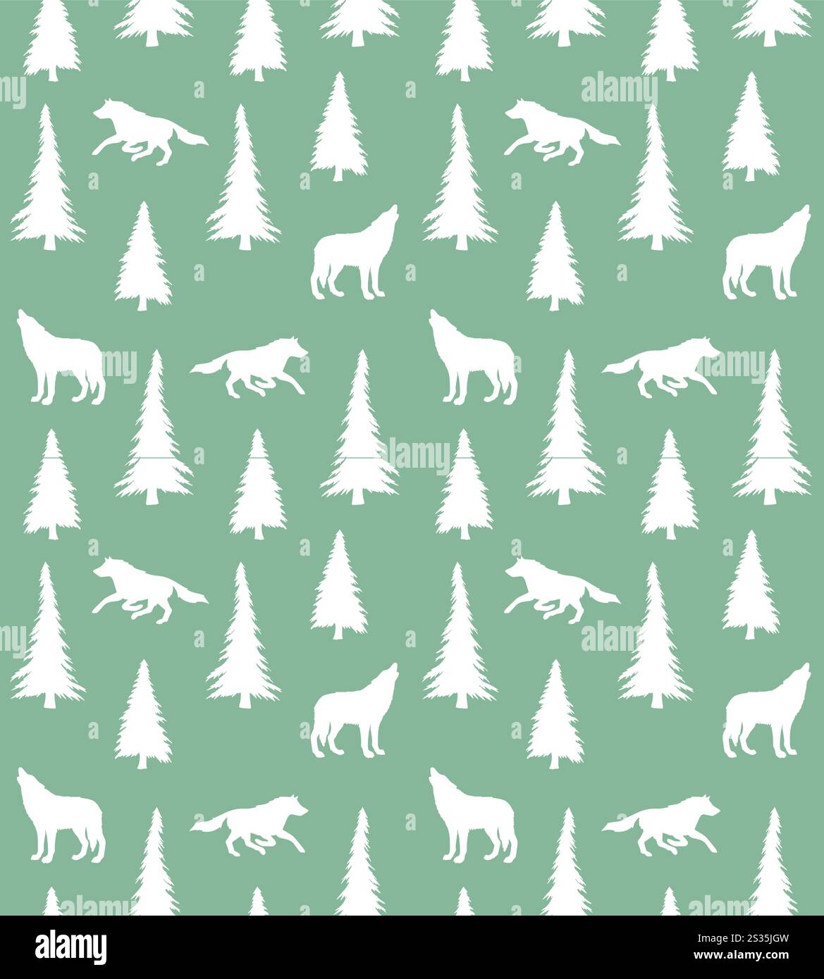 Vector seamless pattern of white hand drawn wolf and spruce tree ...