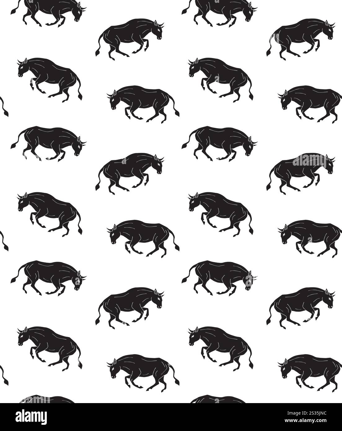 Vector seamless pattern of black hand drawn doodle sketch running bull ...