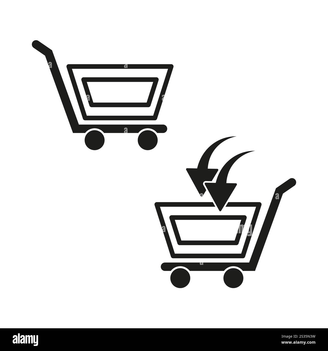 Shopping cart icon. Black basket outline. Arrow insert symbol. Vector ...