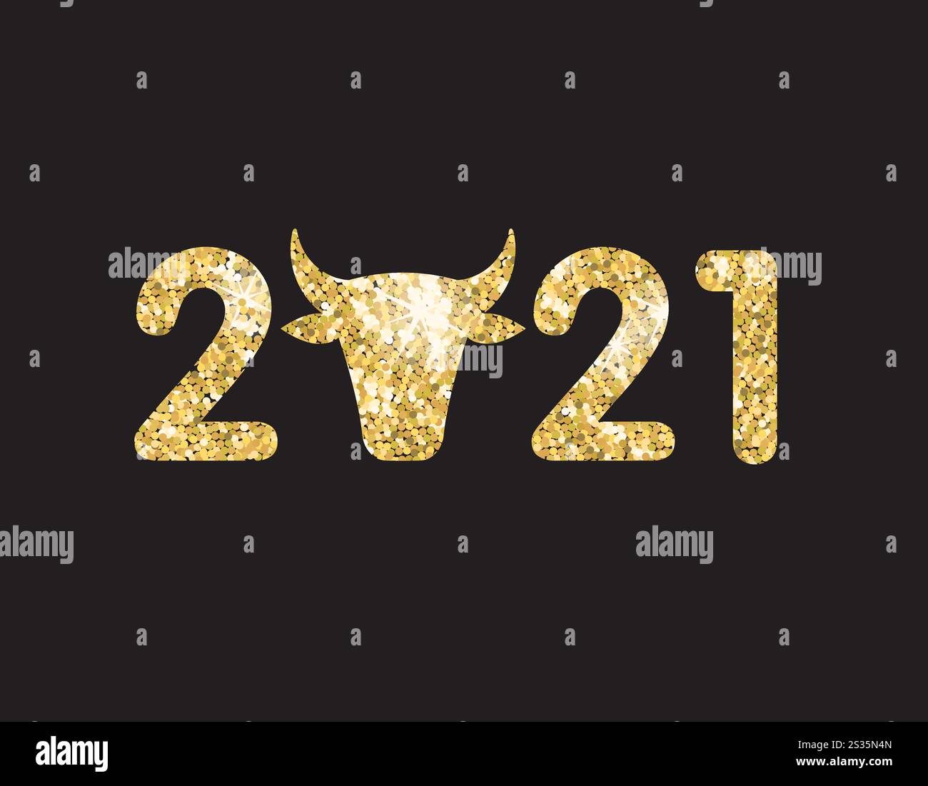 Vector golden glitter 2021 text with bull head silhouette isolated on ...