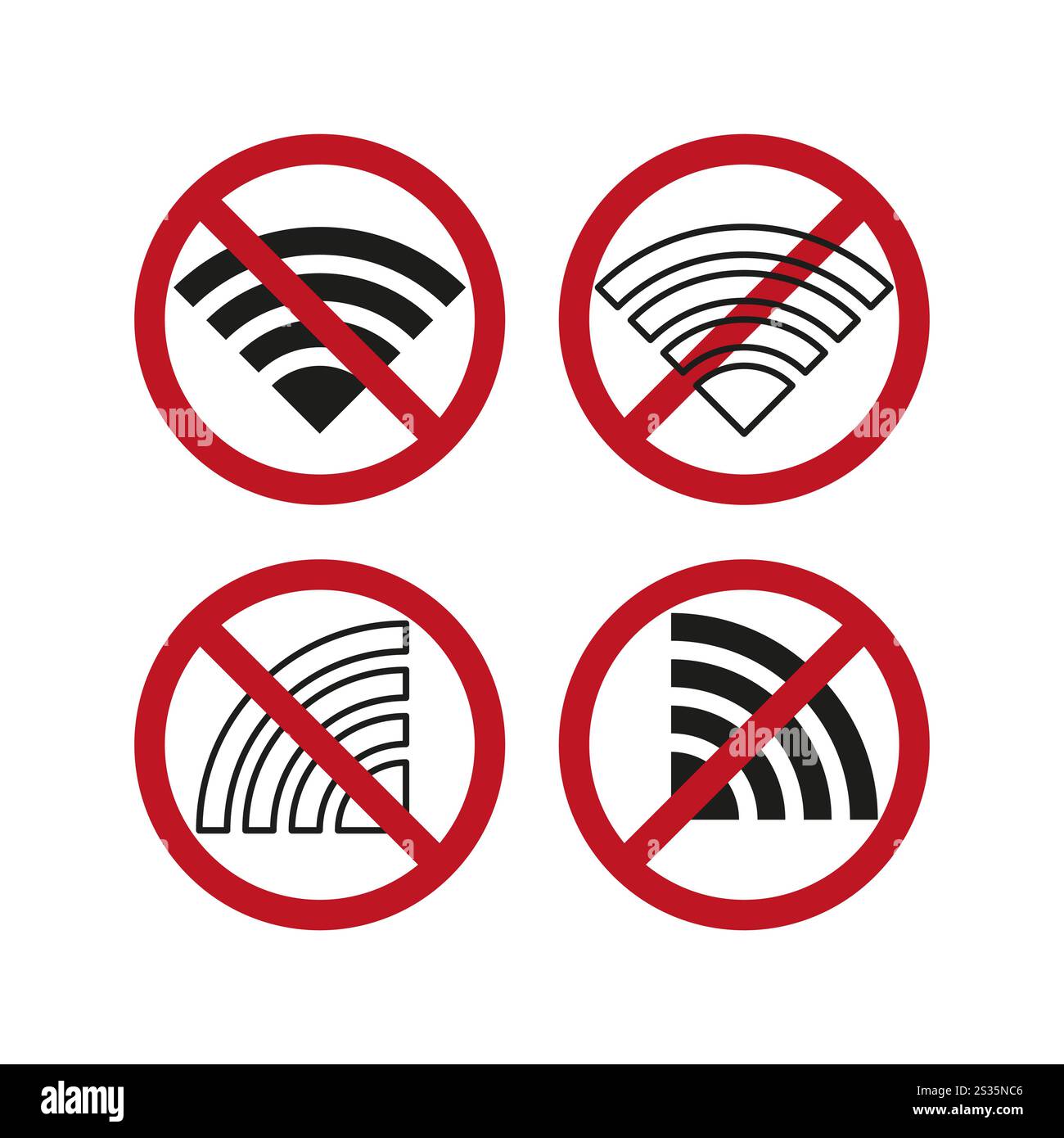 No Wi Fi signs. Red prohibition circles. Wireless signal restriction ...