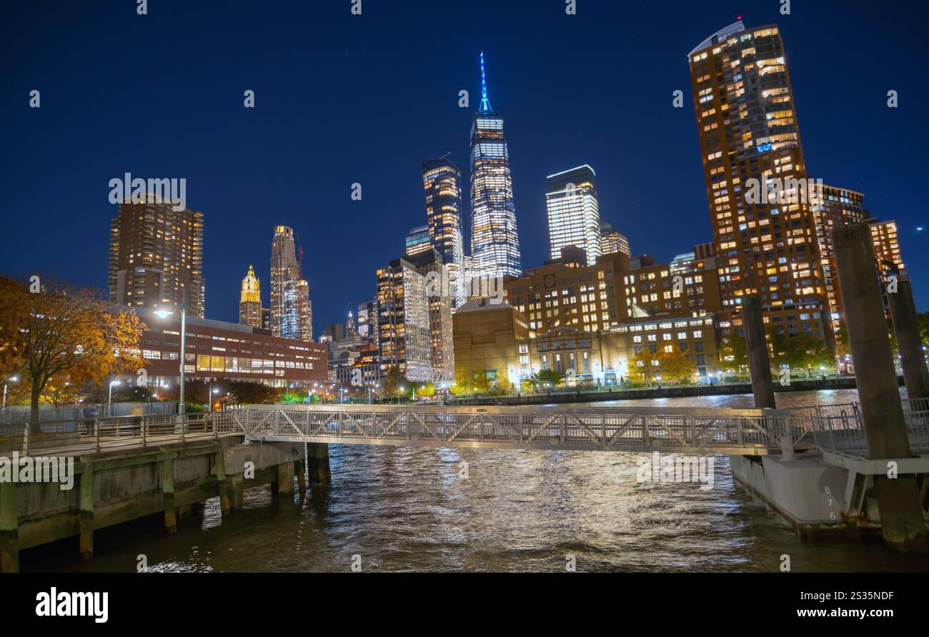New York cityscape at night time. One World Trade Center. WTC memorial ...