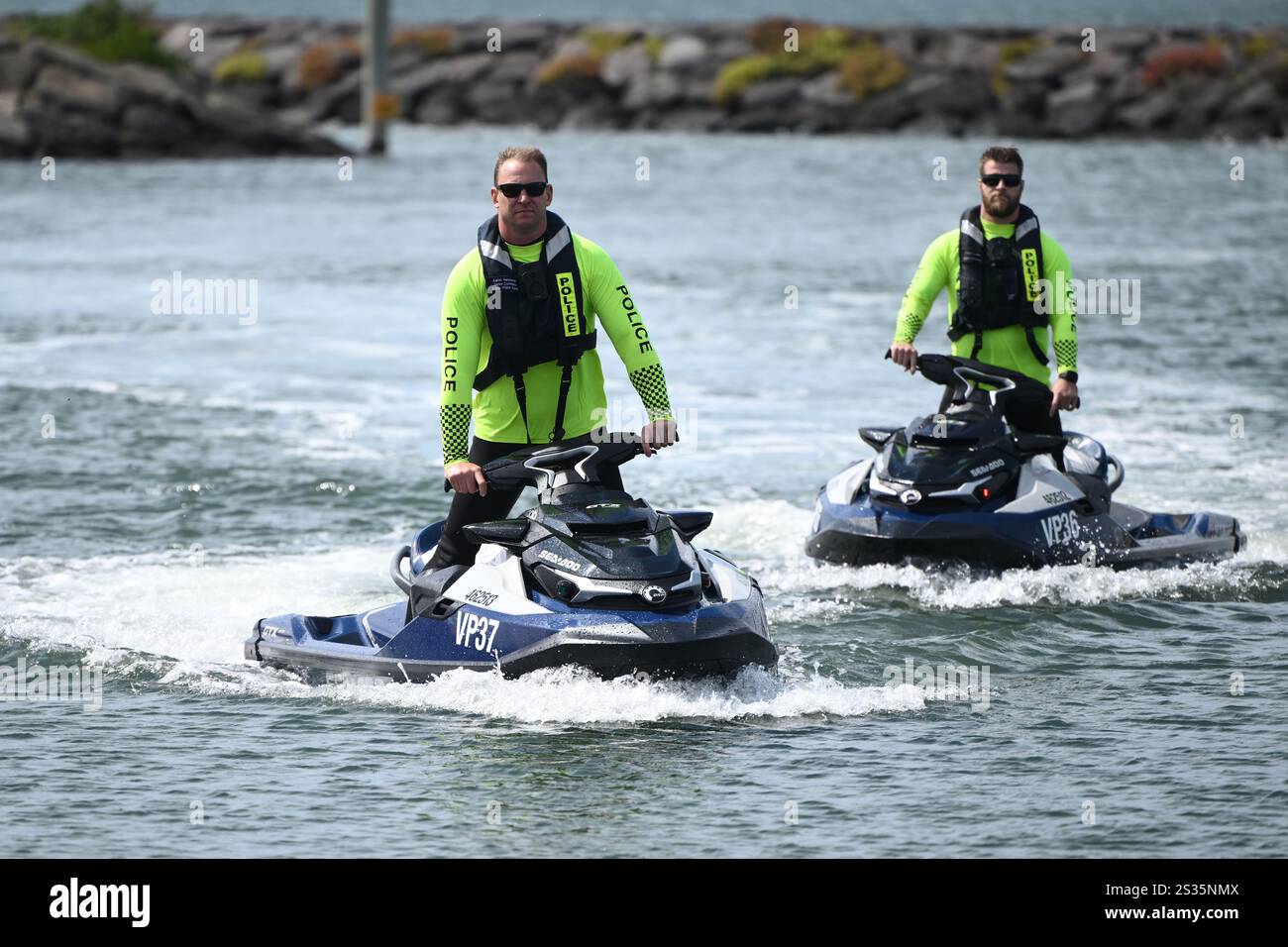 Melbourne, Australia. 09th Jan, 2025. Water Police use a jetski during ...
