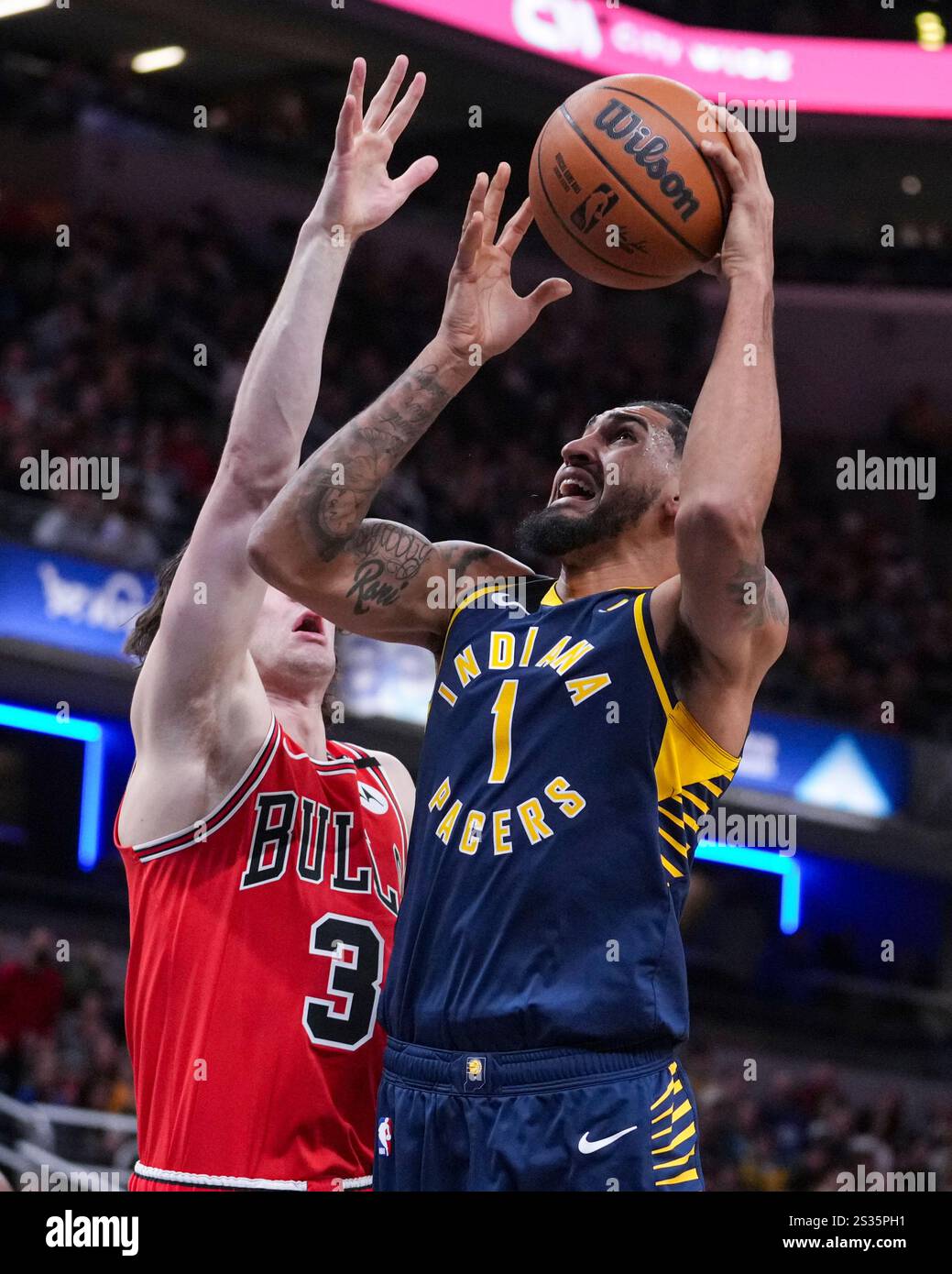 Indiana Pacers forward Obi Toppin (1) shoots over Chicago Bulls guard ...
