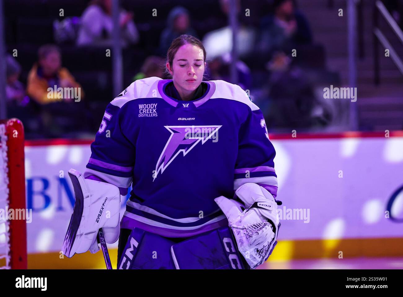 January 8th, 2025: Minnesota Frost goalie Maddie Rooney (35) looks on before a PWHL hockey game ...