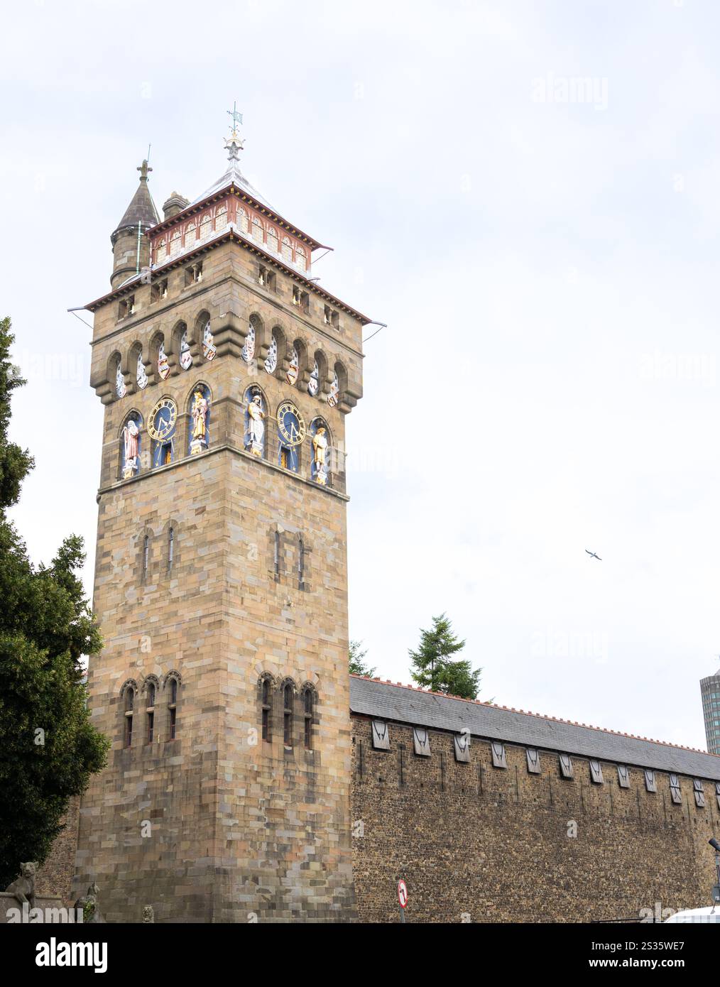 Prominent Cardiff 40 meter high clock tower decorated with statues of ...