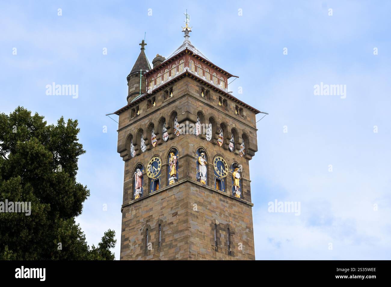 Prominent Cardiff 40 meter high clock tower decorated with statues of ...