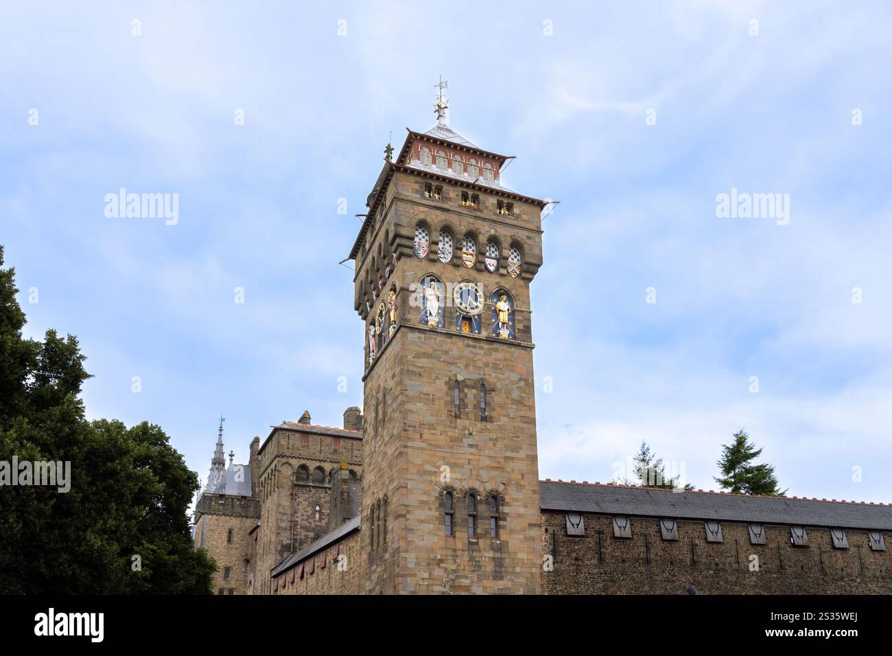 Prominent Cardiff 40 meter high clock tower decorated with statues of ...