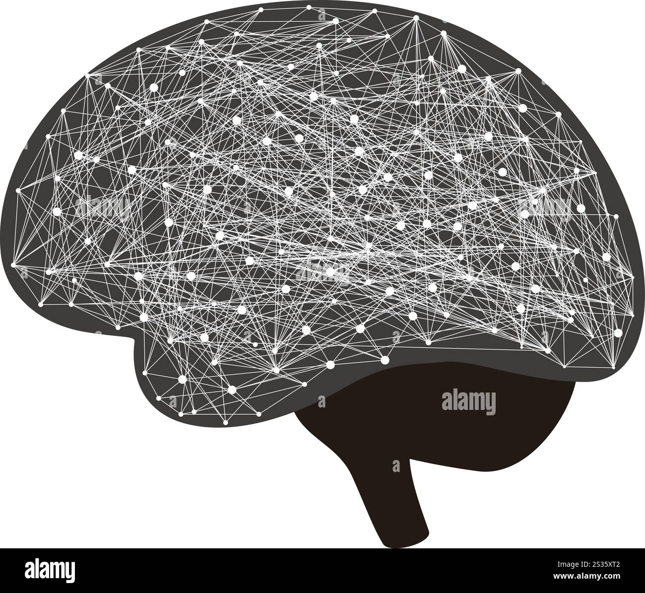 A brain with many lines and dots on it. The brain is black and white ...