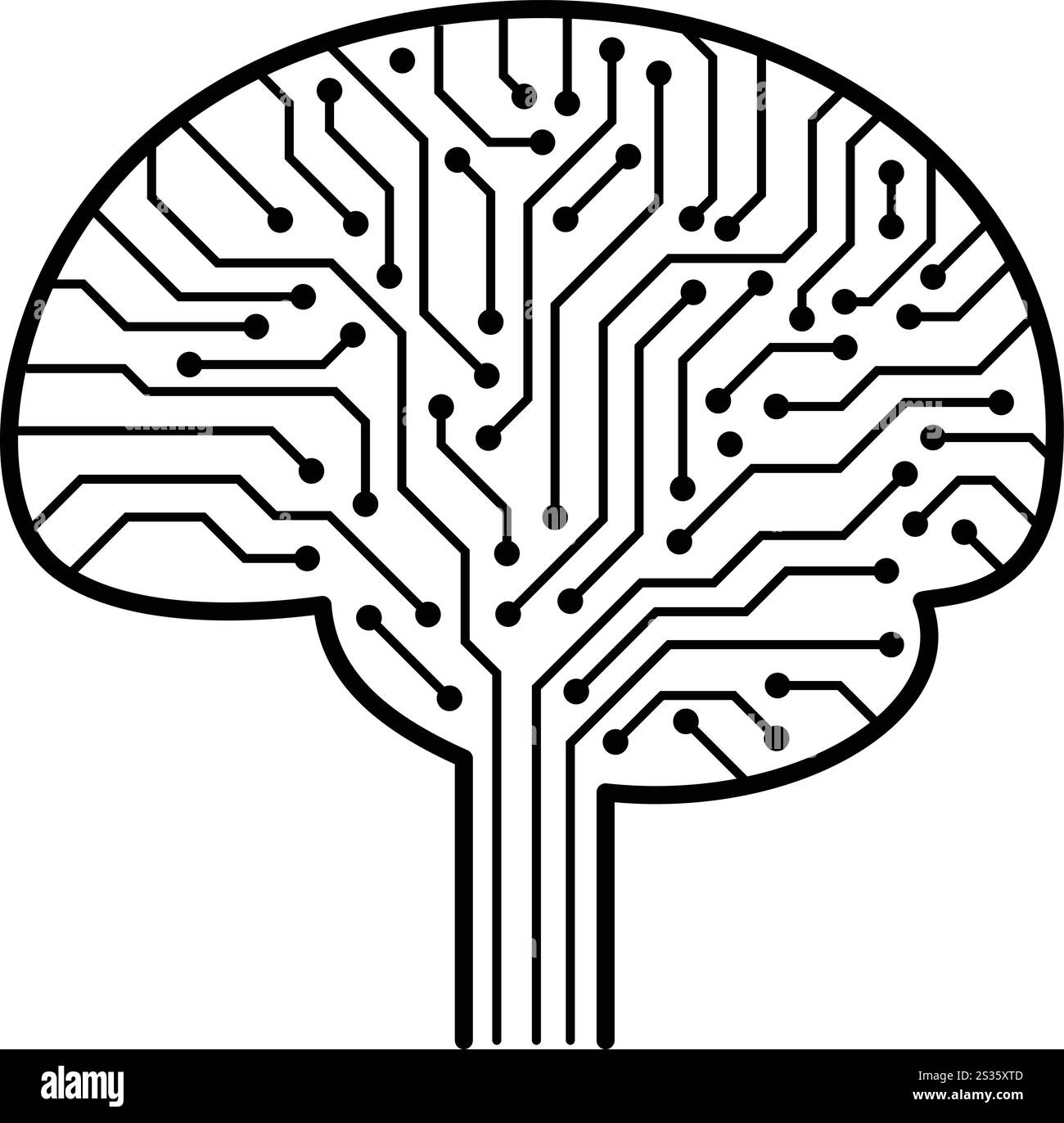 A brain with a tree of wires coming out of it. The brain is black and ...