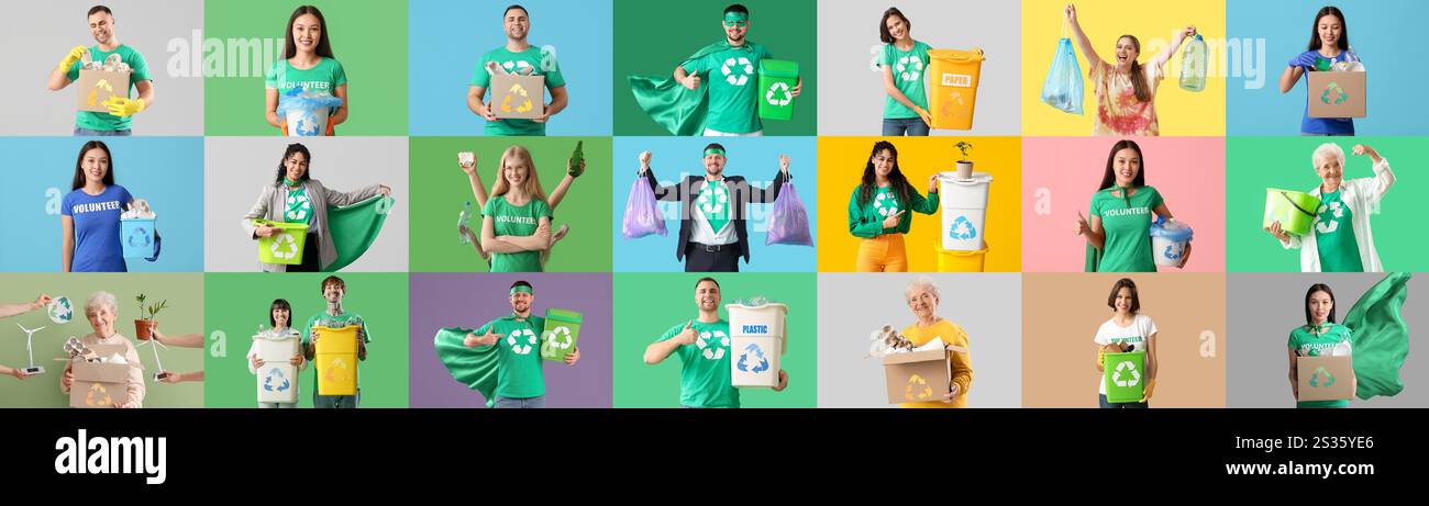 Collage of people with garbage on color background. Global Recycling ...