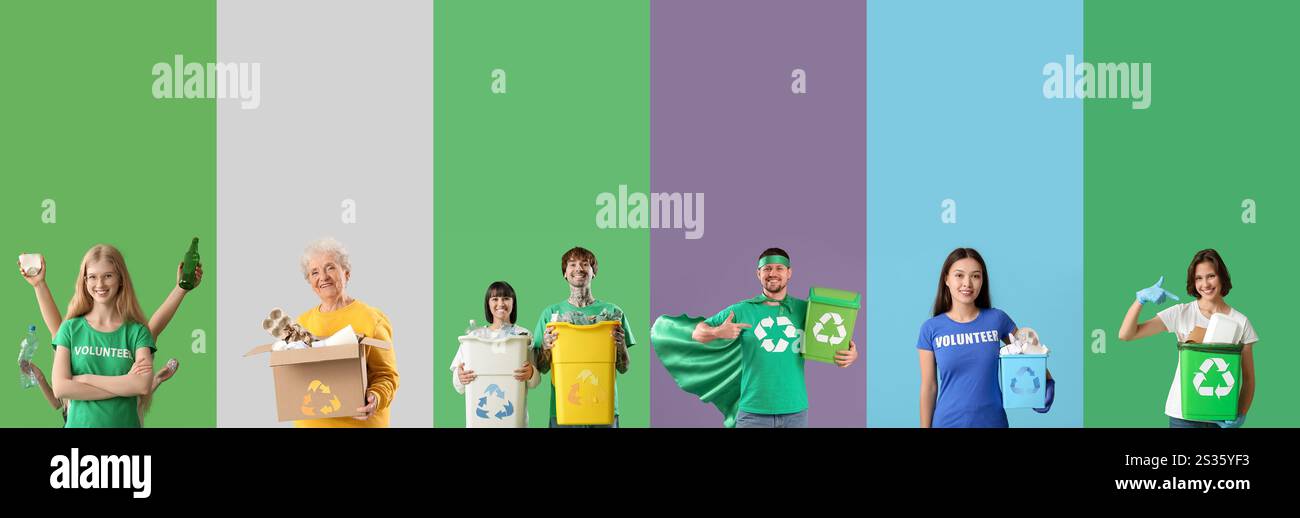 Set of people with garbage on color background. Global Recycling Day ...