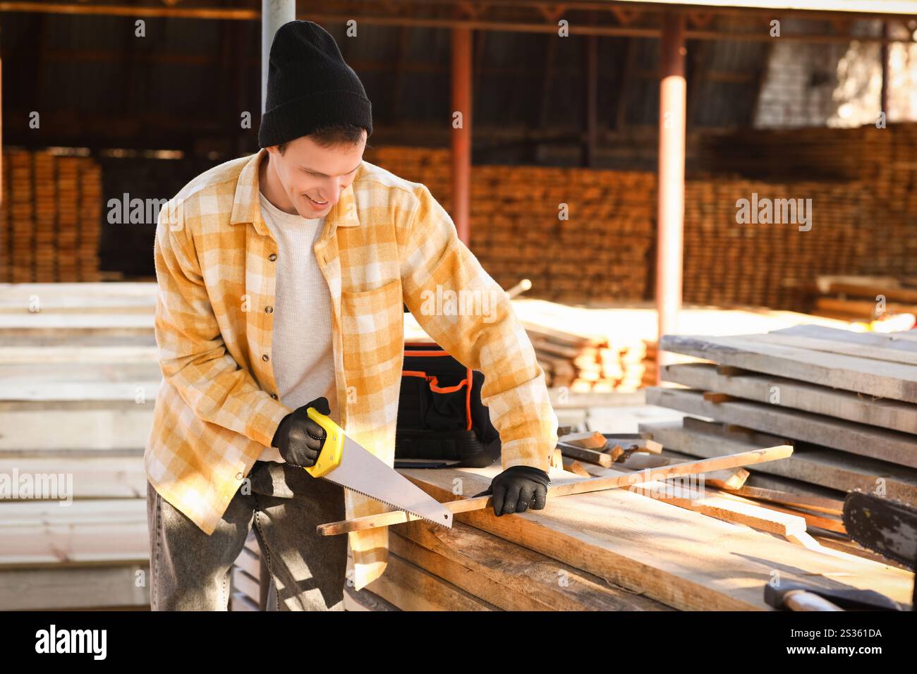 Male carpenter sawing plank at sawmill Stock Photo - Alamy