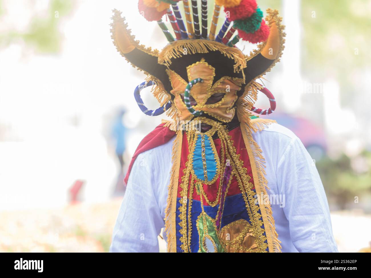 Traditional colorful costume and mask during dia de la hispanidad ...