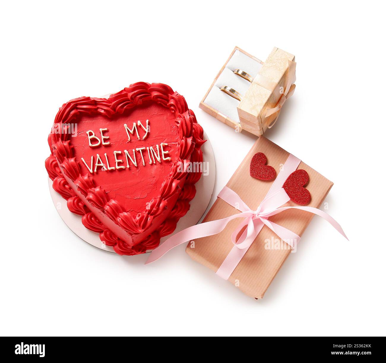 Sweet bento cake with gift box and engagement rings on white background ...