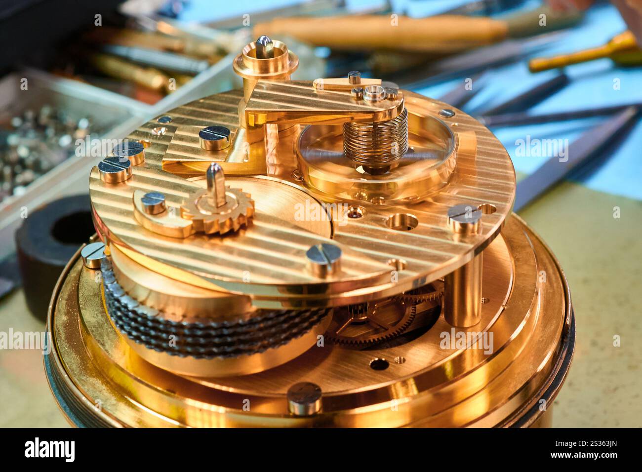 Intricate clock mechanism reveals craftsmanship in a close-up view of ...