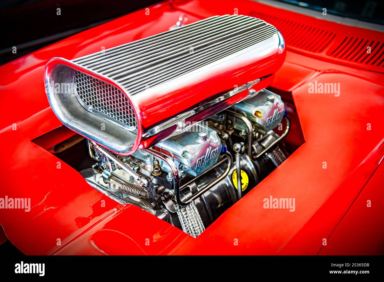 Hot Rod detail Roots type blower w/red hood cutout Stock Photo - Alamy