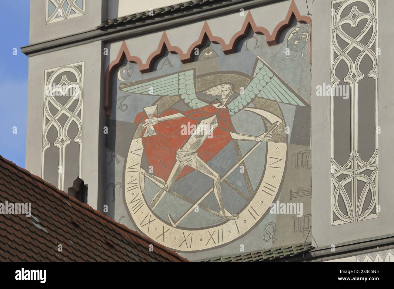 Mural with sundial and angel of death at the mould tower built in 1478 ...
