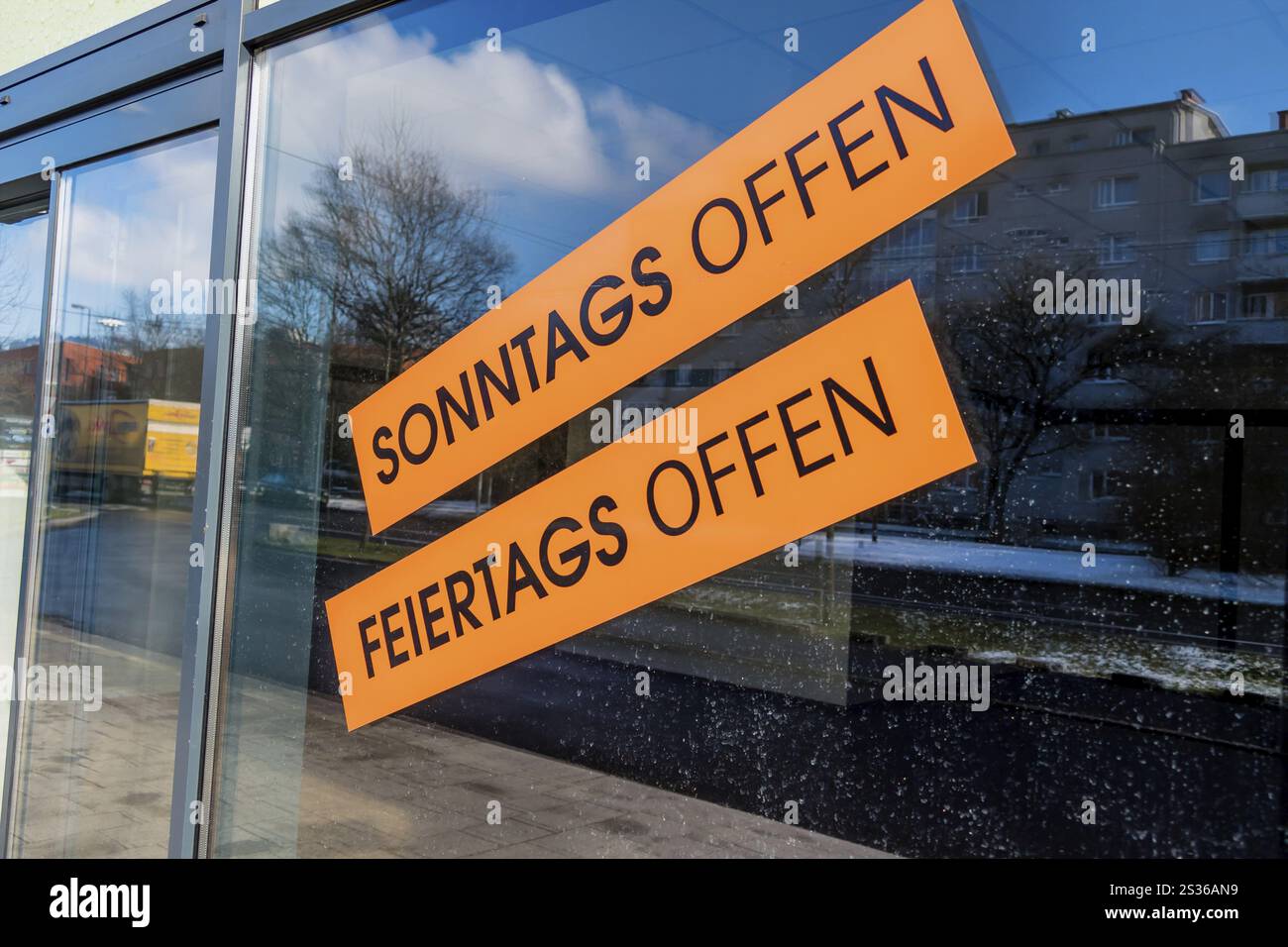 Signs Sundays open on public holidays, symbol for service, working ...