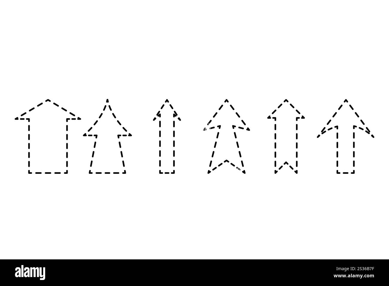 Dotted arrows icon. Dashed directional shapes. Minimalist black style. Graphic pointer symbols ...