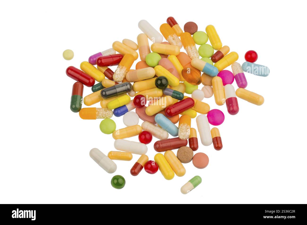 Lots of colourful tablets on a white background. Symbol photo for ...