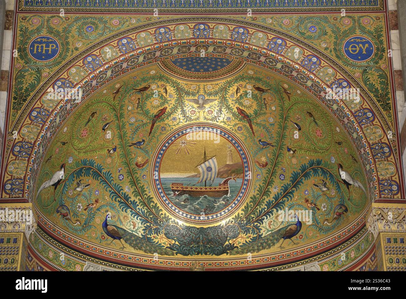 Mosaic with ship in the apse, neo-Romanesque-Byzantine Marian ...