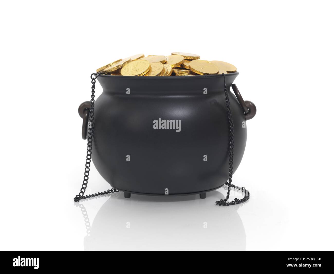 Cauldron full of money, fake golden loonie coins. Isolated on white ...