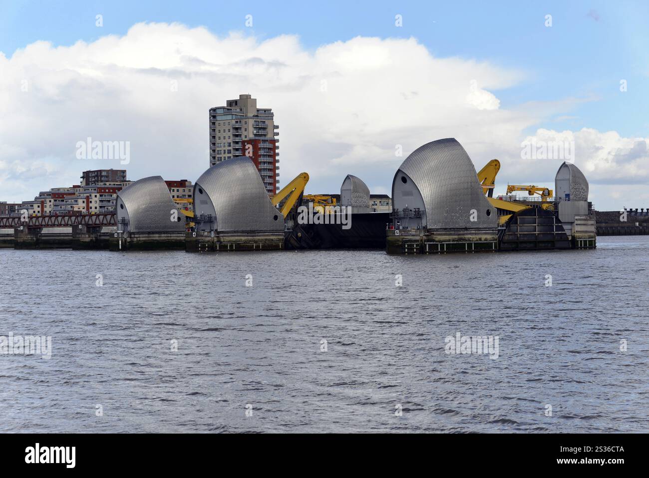 Tor tor of the Thames Barrier in open normal position, flood defence ...