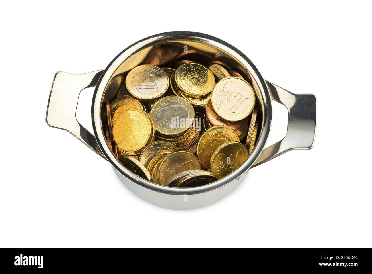 A cooking pot half-filled with euro coins, symbolising national debt ...