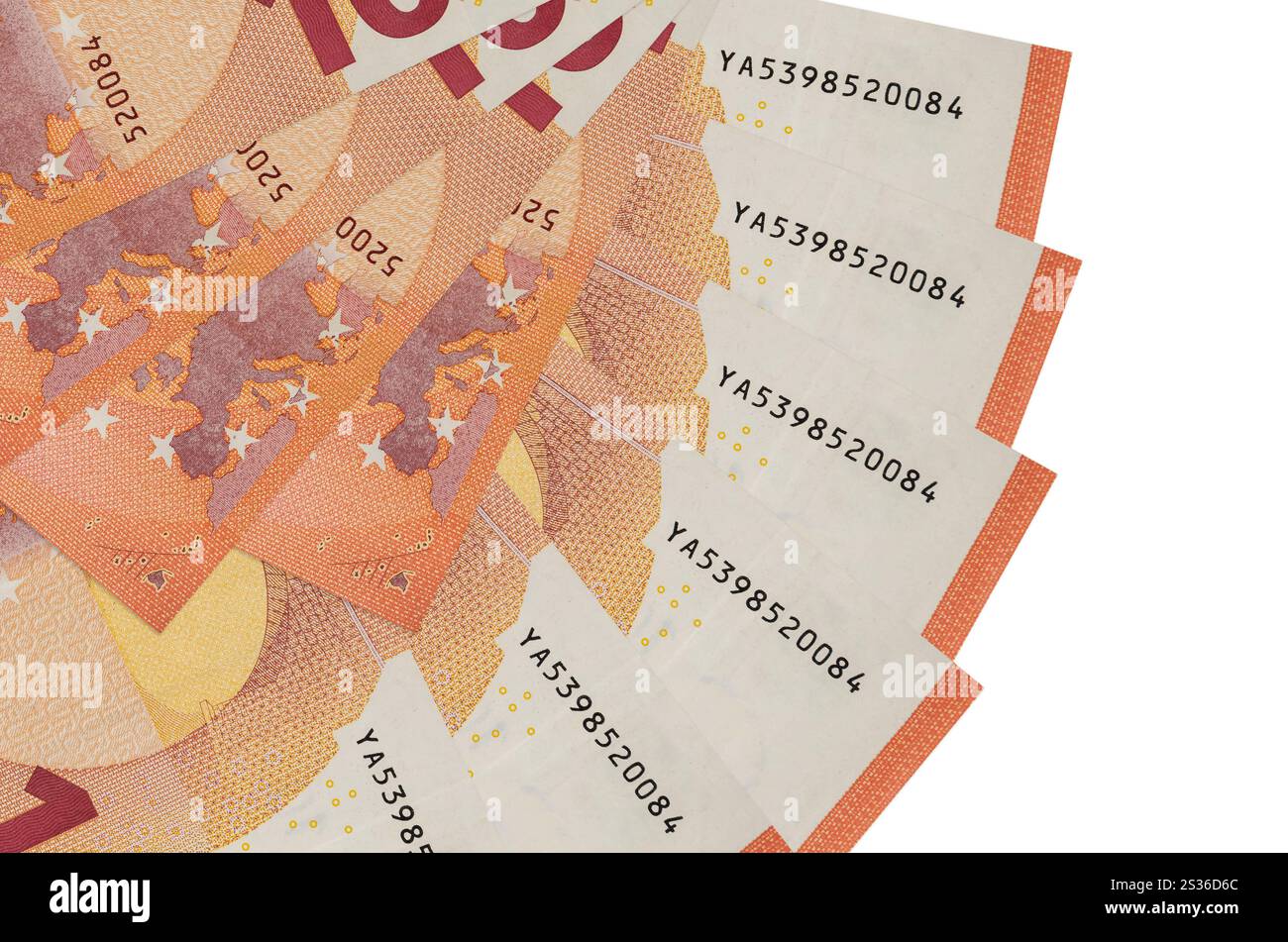 10 euro bills lies isolated on white background with copy space stacked in fan shape close up ...