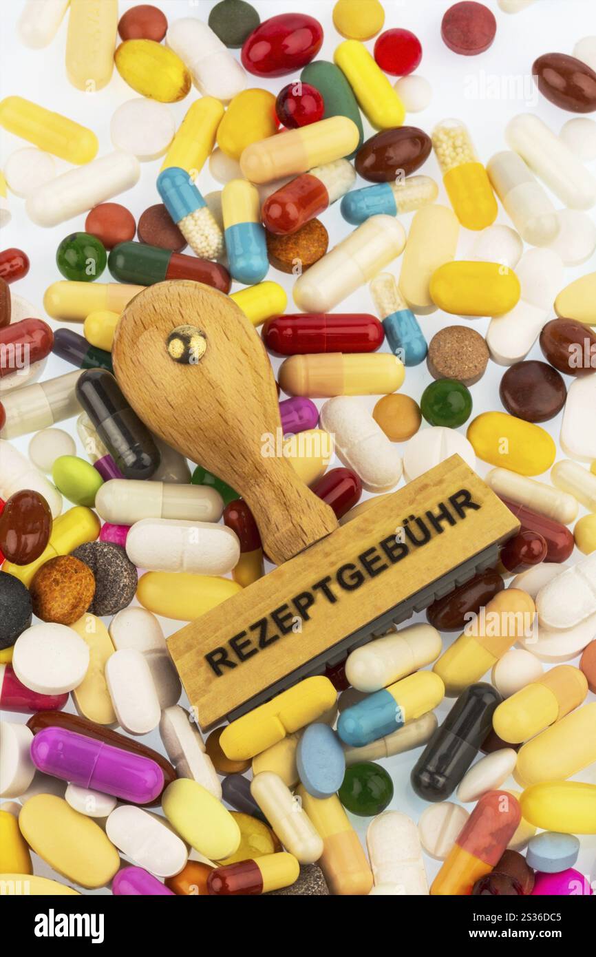 Stamp on coloured tablets, symbol photo for medication, prescription ...