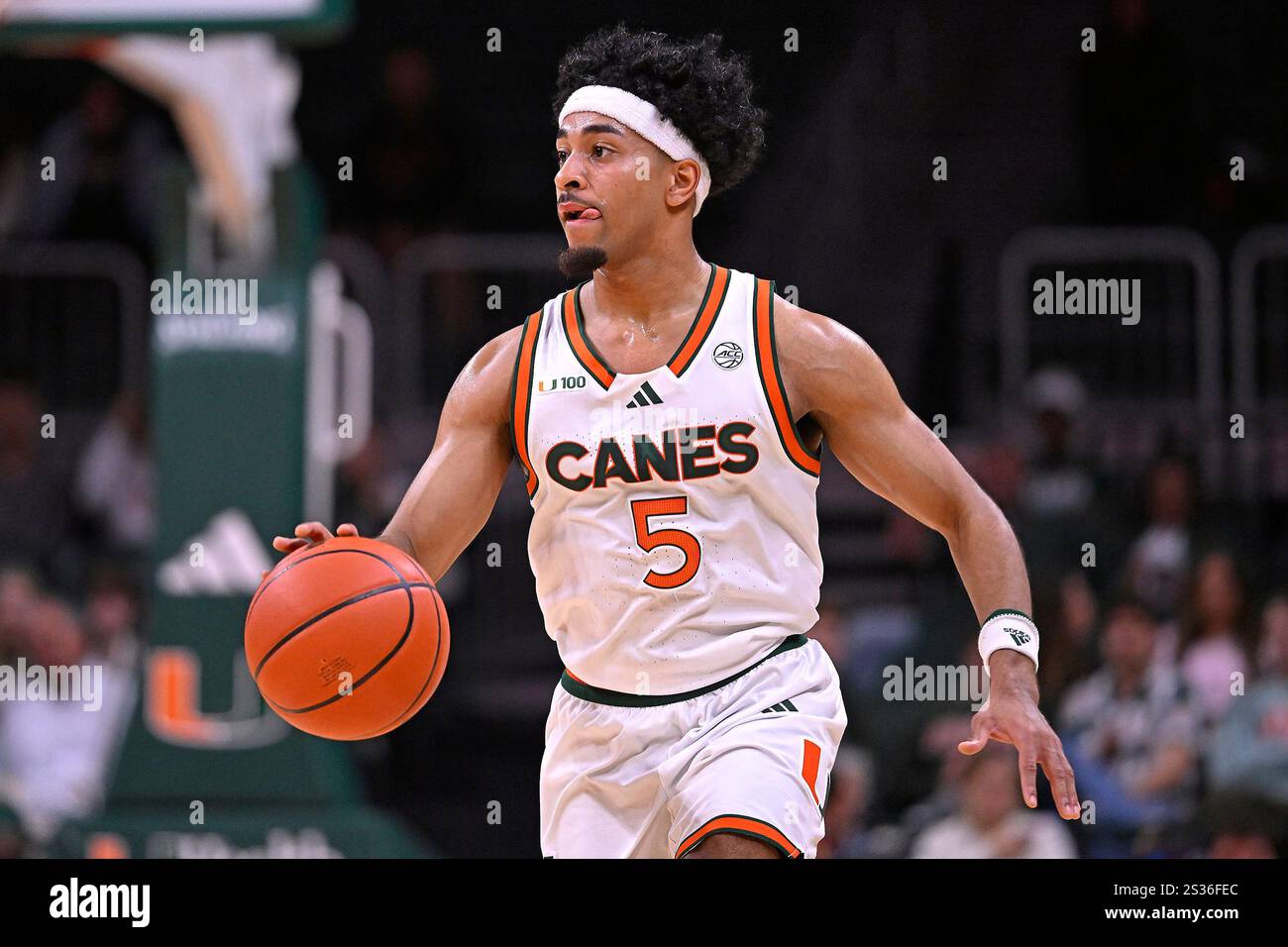 CORAL GABLES, FL - JANUARY 08: Miami guard Jalen Blackmon (5) brings ...